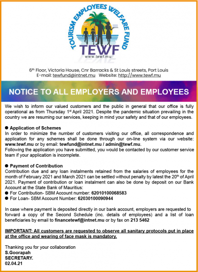 TEWF – Tourism Employees Welfare Fund